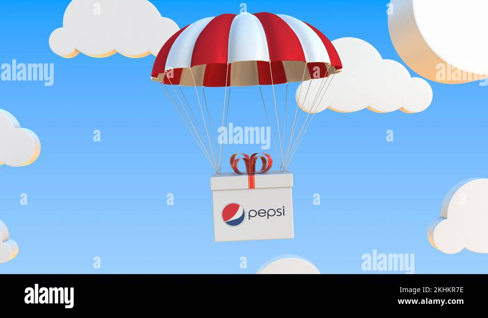 PEPSI logo on moving box moves under parachute. Editorial loopable 3D ...