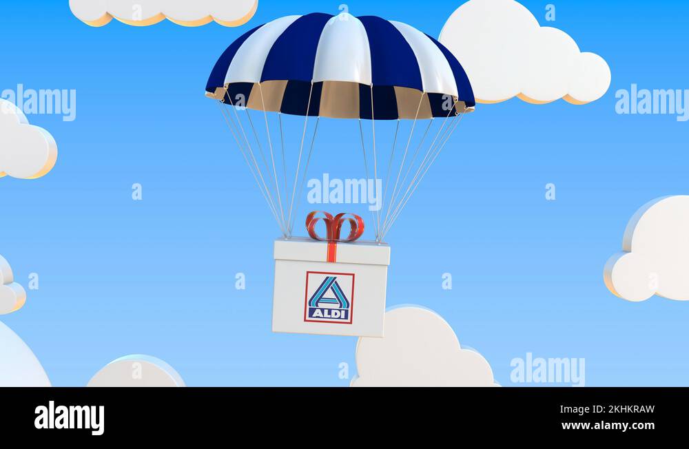 ALDI logo on moving box moves under parachute. Editorial loopable 3D ...