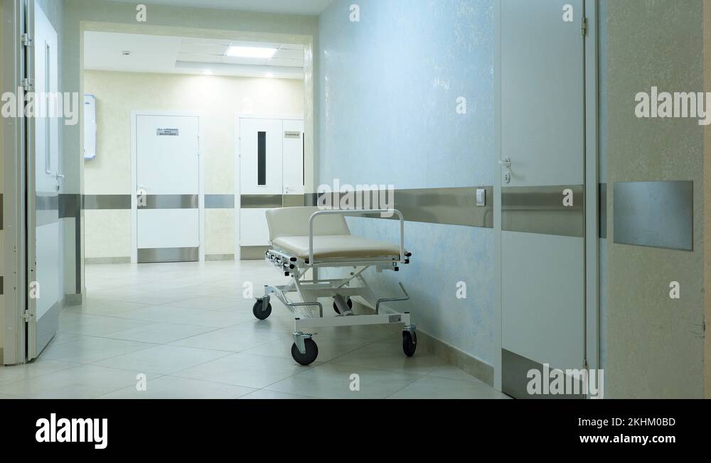 Christmas tree and empty gurney in corridor in medical clinic. 4K Stock ...