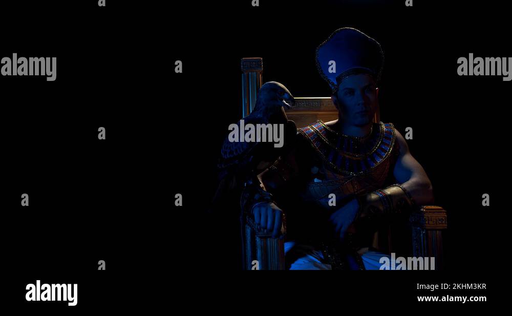 Egyptian pharaoh is lifting his arm and sending a hawk, flying away, 4k ...