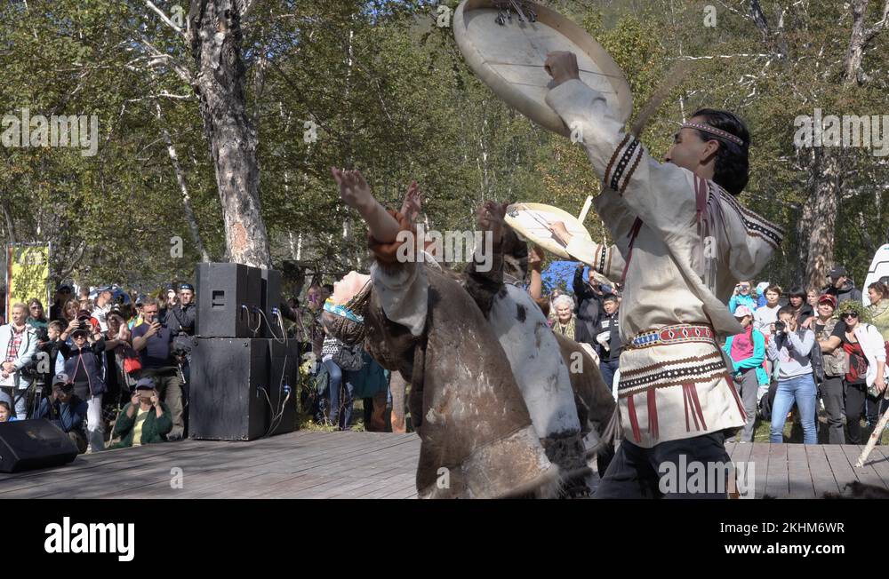 Folklore ensemble of aboriginal people of Kamchatka dancing tambourine ...