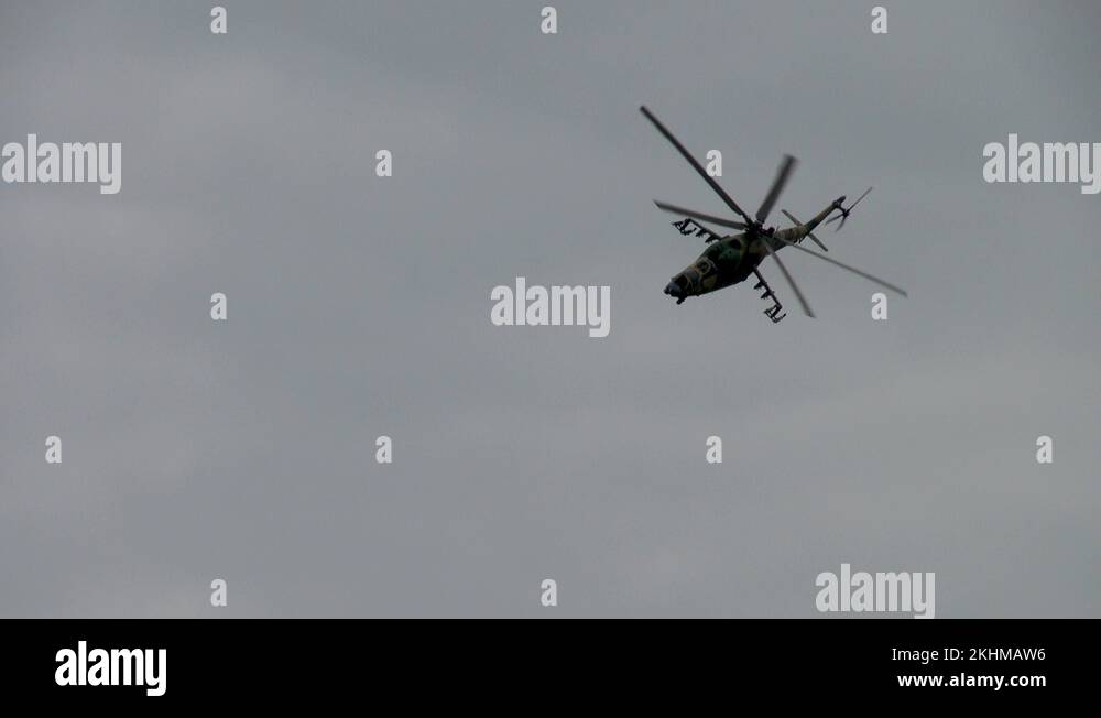 Military Mi-24 / Mi-35 helicopter (NATO: Hind) performs flight for ...