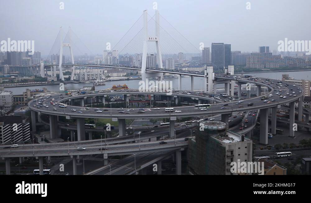 Nanpu Bridge Interchange, Huangpu River, Aerial View of Shanghai, China Stock Video Footage - Alamy
