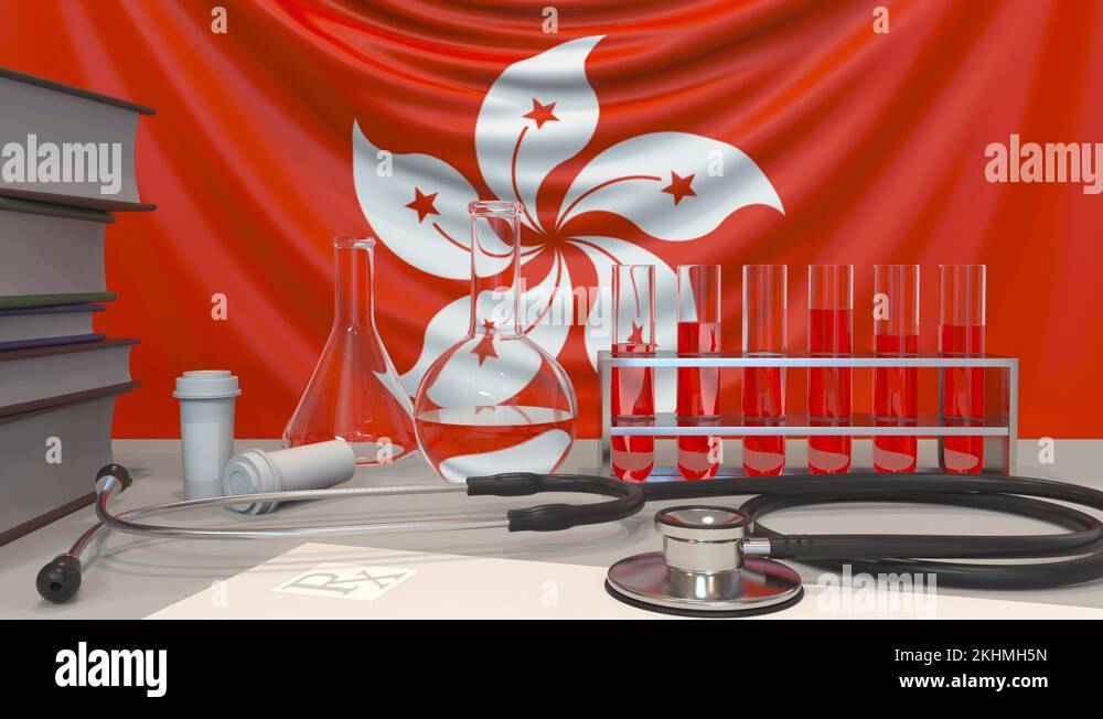 Clinic laboratory equipment on flag background. Healthcare and medical ...