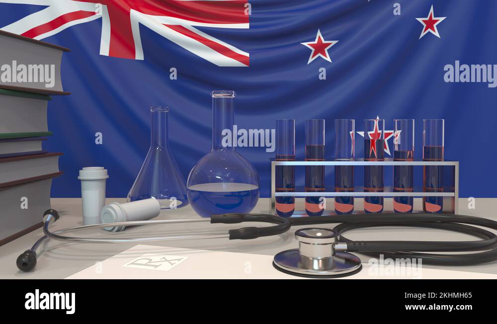 Clinic laboratory equipment on flag background. Healthcare and medical ...