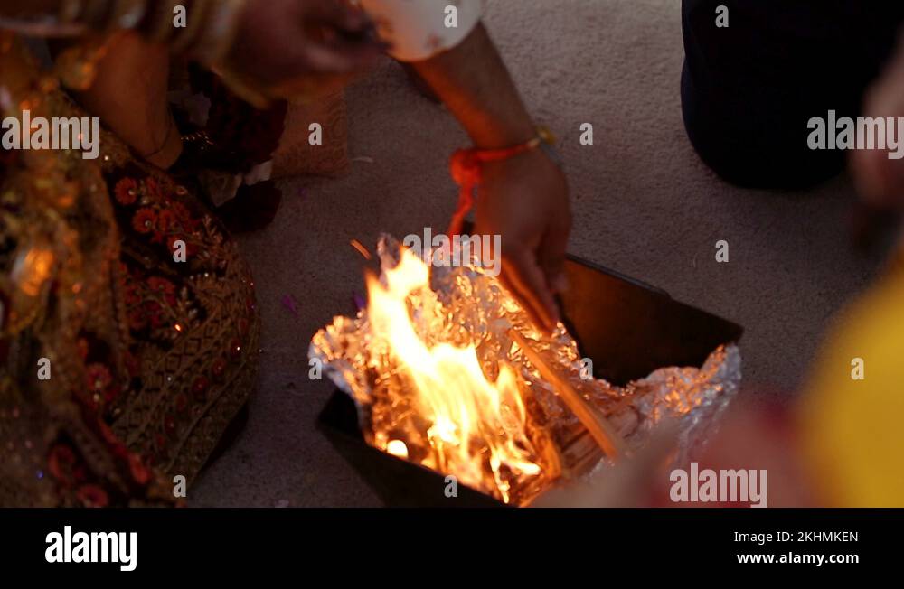Traditional Indian wedding fire ceremony at an Indian wedding. HD 24FPS ...