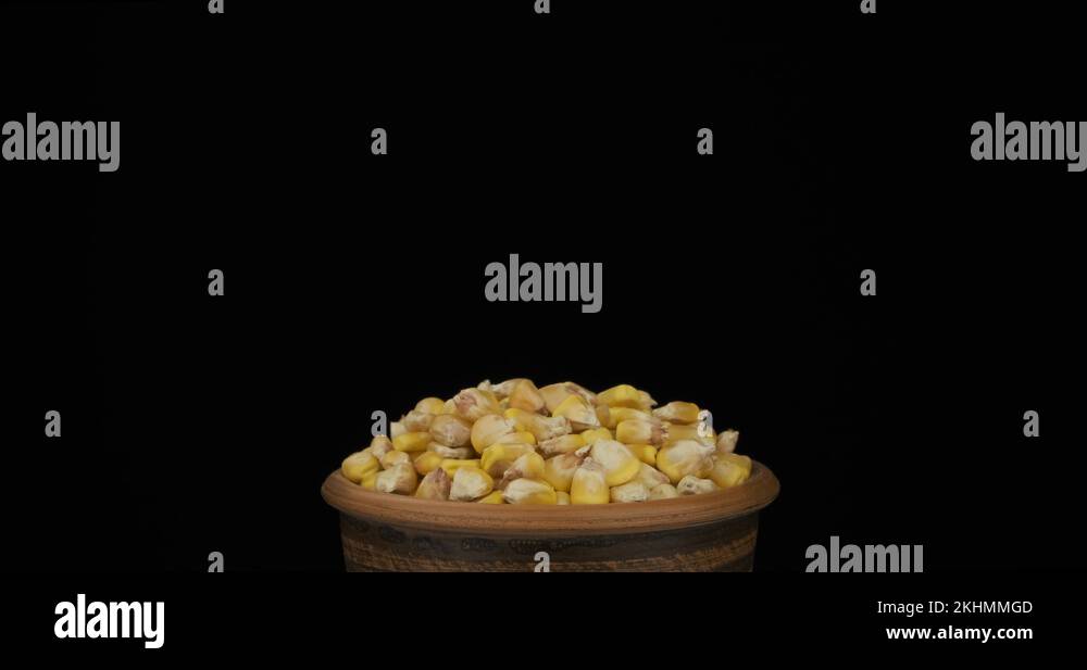Whole grains of corn fall on a bunch of grains lying in a clay pot and ...