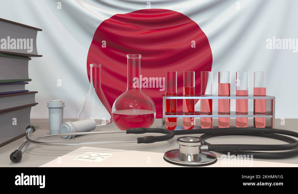 Clinic laboratory equipment on Japanese flag background. Healthcare and ...
