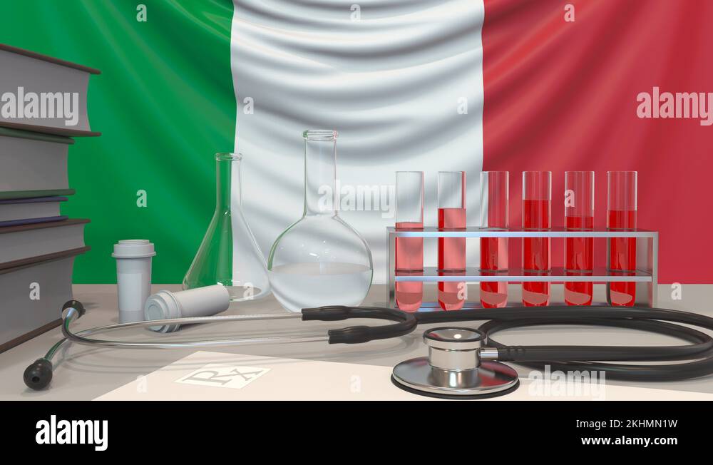 Laboratory equipment on Italian flag background. Healthcare and medical ...