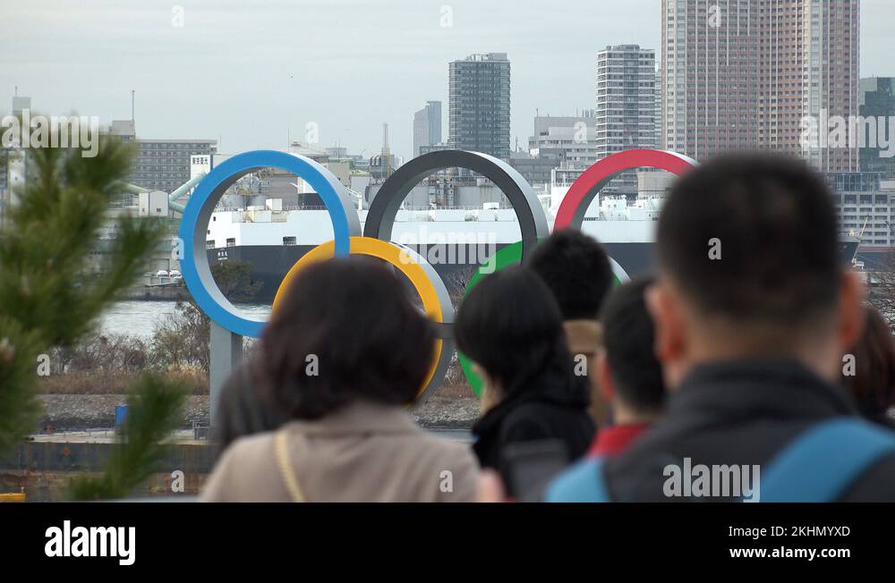 TOKYO, JAPAN : The five ring symbol of the Olympic Games at Odaiba ...