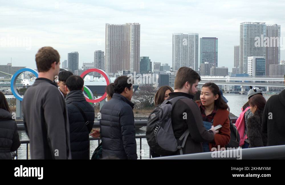 TOKYO, JAPAN : The five ring symbol of the Olympic Games at Odaiba ...