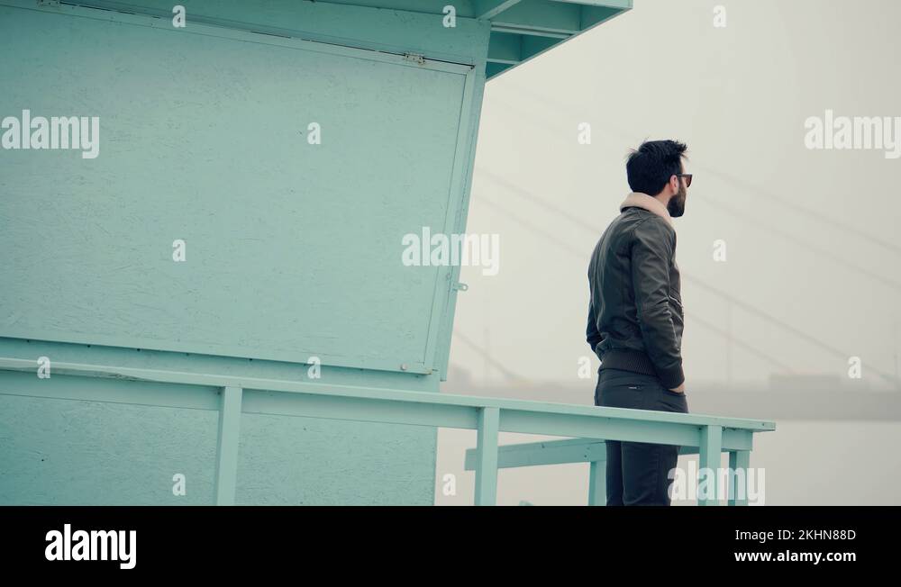 Man Standing Watch Tower.Handsome Man Looking At Distance.Man Relaxing ...