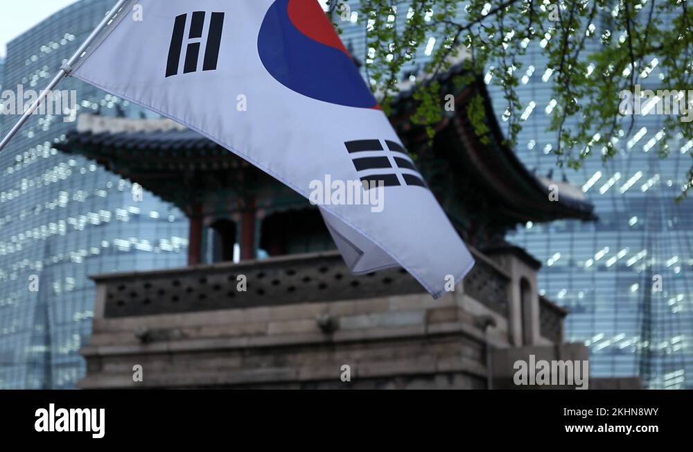 South Korea, Flag, Seoul Dongsibjagak Watchtower, Gyeongbokgung Palace ...