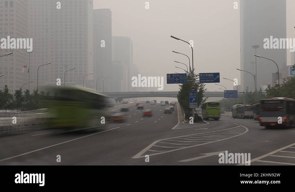 Chinese Smoggy Air Pollution Rush Hour Car Traffic Busy City Beijing ...