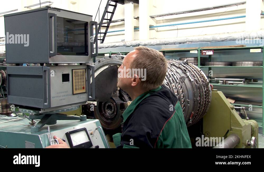 Checking compressor rotor on balancing equipment with BIVK. Close-up ...