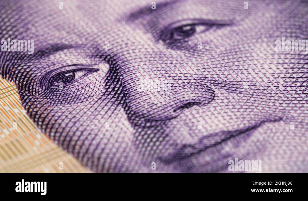 Mao Zedong portrait on Chinese 5 yuan banknote rotating. China currency ...