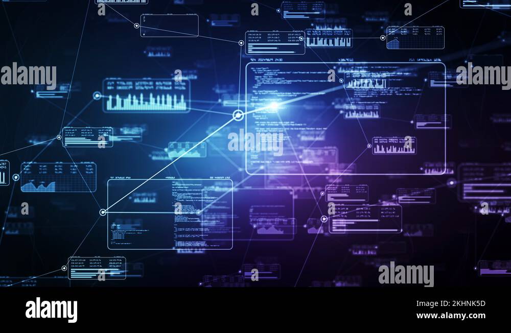 Network connections in data center. Software source code and big data ...