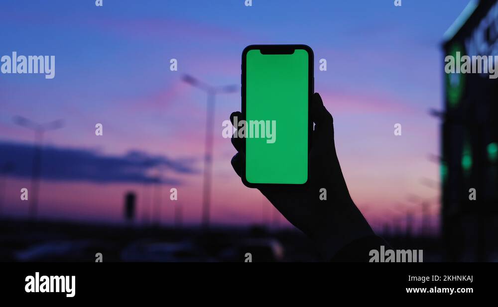 Close up of the hand holding a black smartphone vertically with green ...
