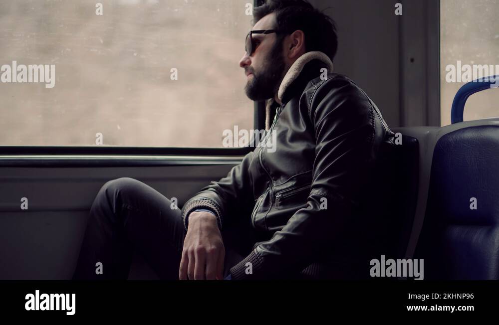 Sad Man Looking On Train Window.Disappointed Guy Having Exhausting Day ...