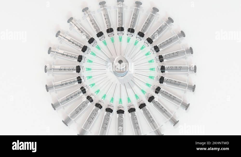 Vial with pneumonia vaccine and many syringes. Conceptual medical 3D ...