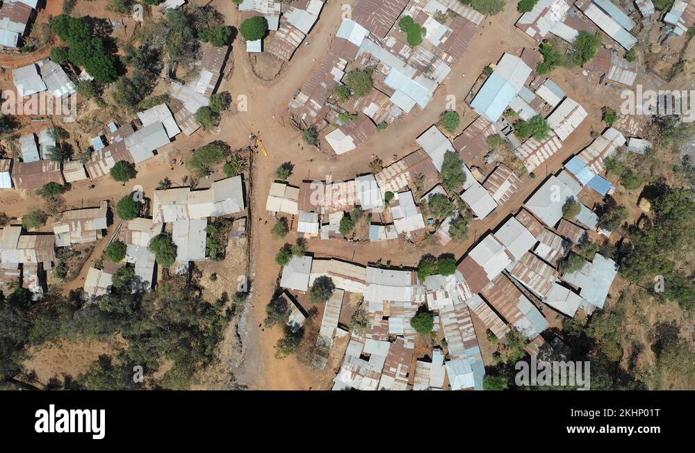 Drone shot dusty village Ethiopia, poverty in residential neighborhood ...