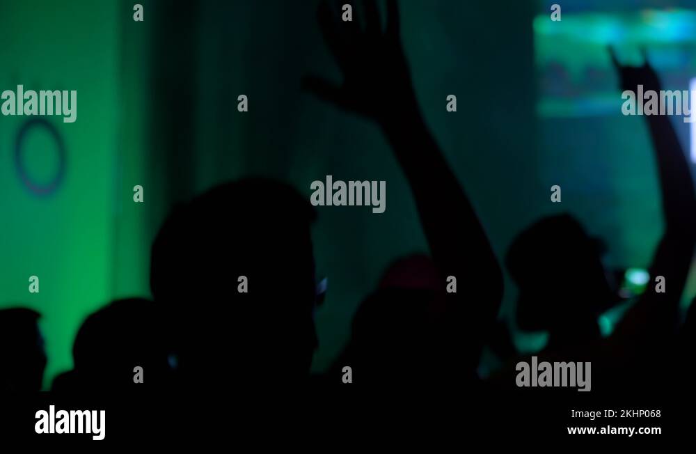 Slow motion: people crowd silhouette partying at rock concert in front ...