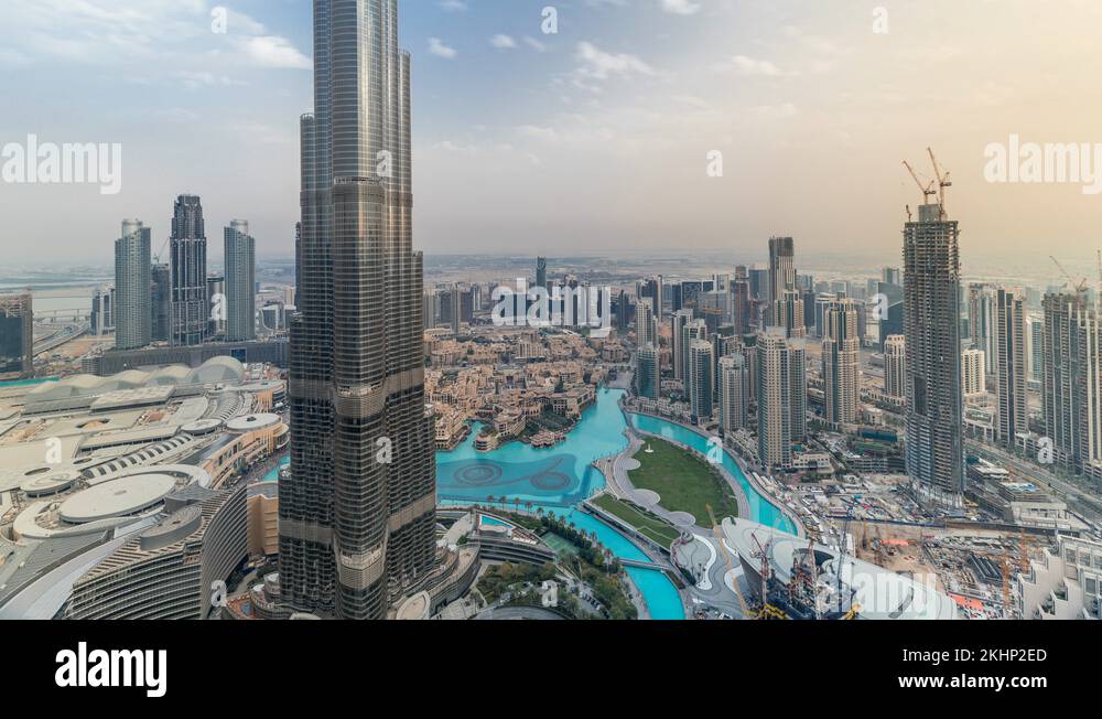Paniramic skyline view of Dubai downtown with mall, fountains and Burj ...