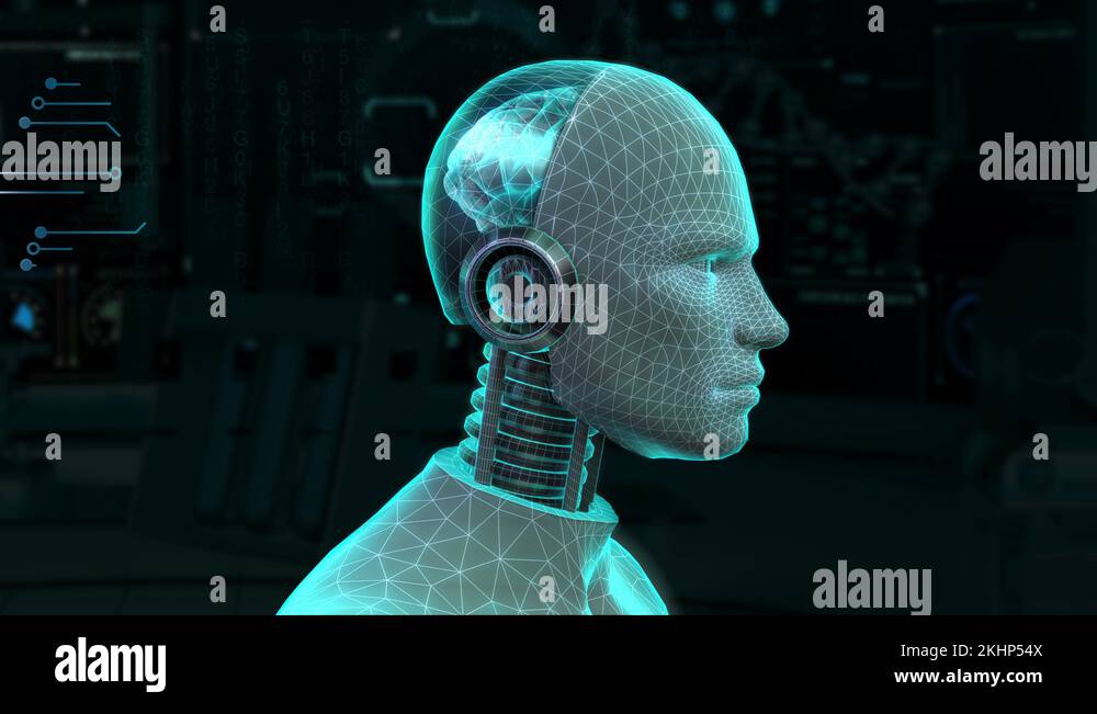 Humanoid robot with an AI brain, Curcuit dataline connecting, X-ray ...