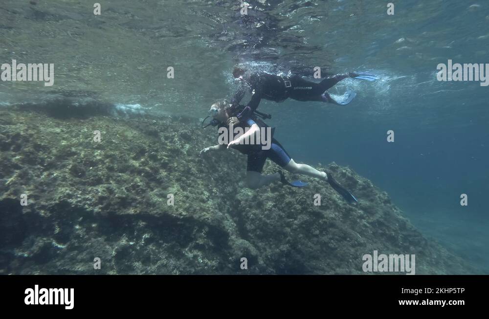 scuba diver swim underwater in the first dive with guide. Underwater ...