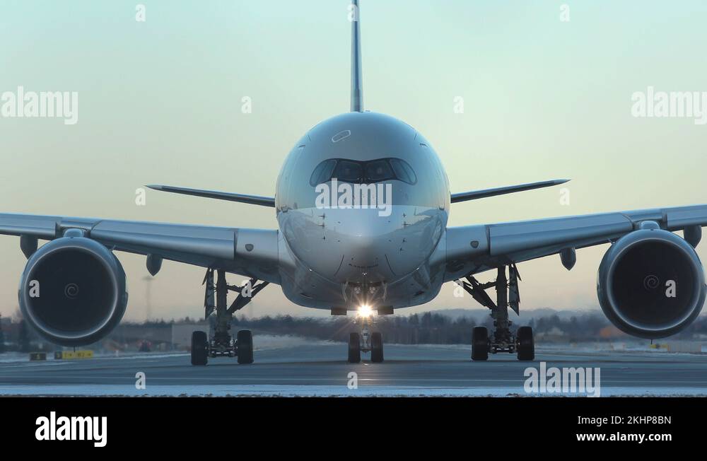 airplane airbus a350 qatar airways taxiing front view late evening sky ...