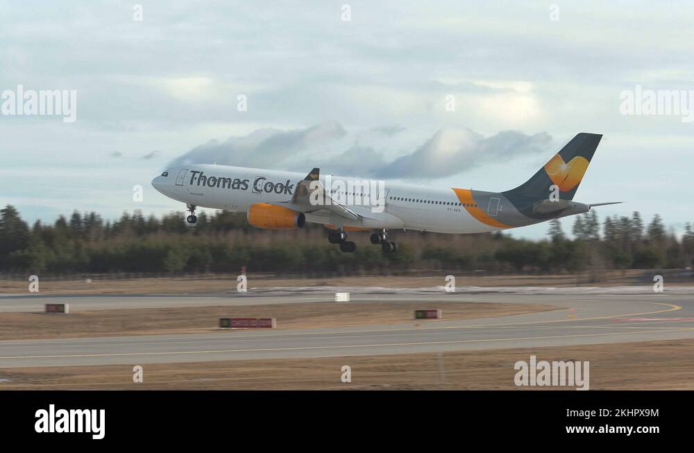 airplane airbus a330 sunclass airlines landing panning left rear view ...