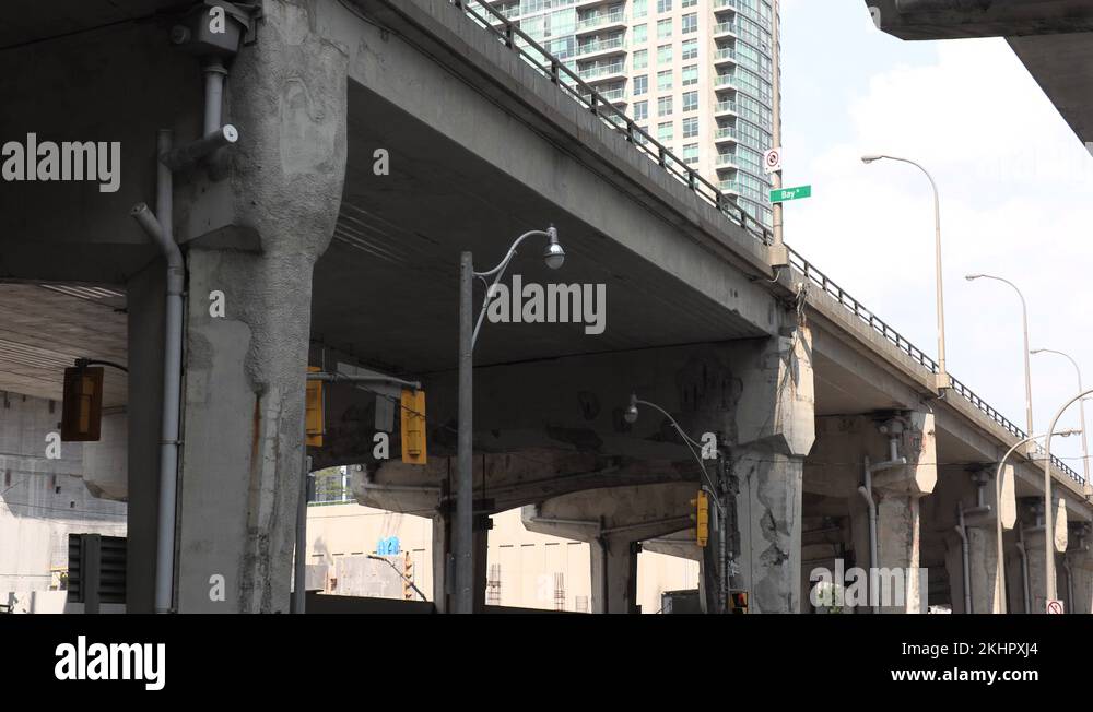 Crumbling and decaying city highway and bridge concrete infrastructure ...