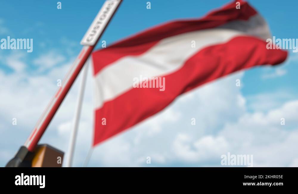 Closed boom gate with CUSTOMS sign on the Austrian flag background ...
