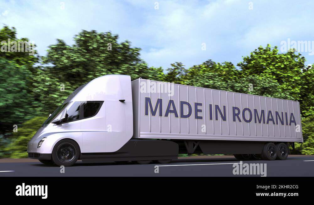 Modern electric semi-trailer truck with MADE IN ROMANIA text on the ...
