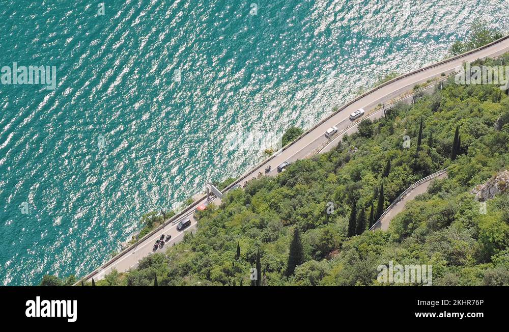 Lake Garda, Italy. Aerial view of the road built on the shores of the ...