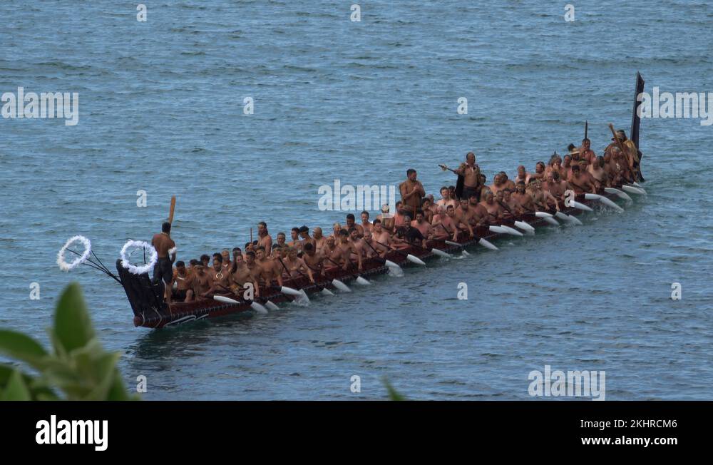 Maori warriors paddling waka taua (war canoe) in ocean at Waitangi, New ...