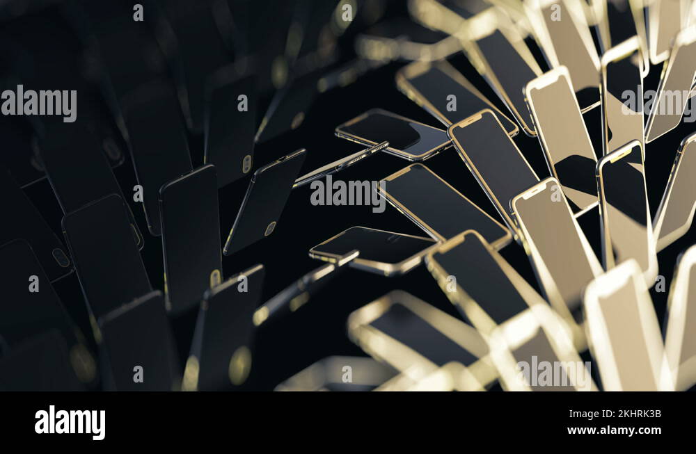 Smartphones with gold buttons move and rotate in rows, rich bokeh ...