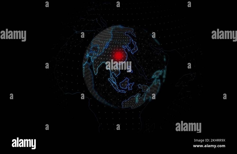 3D animation, Earth with red dot on China spinning and more dots ...