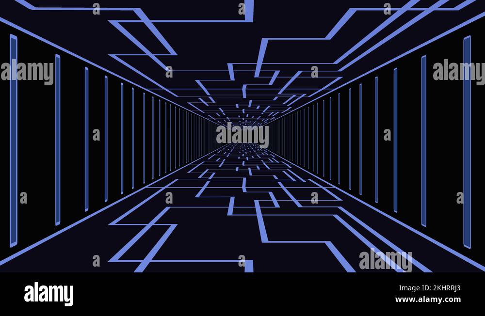 3d loopable animation of futuristic hall. Blue lines moving into ...