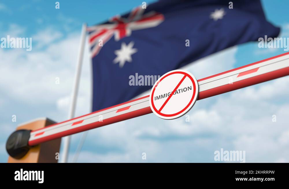 Open boom gate with no immigration sign on the Australian flag ...