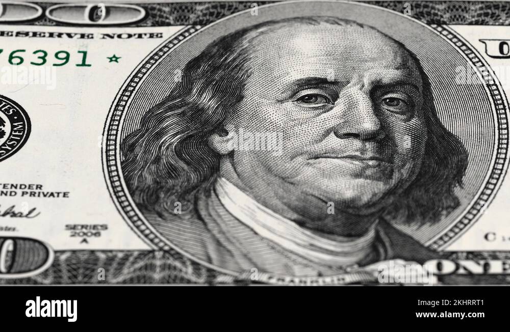 Benjamin Franklin on US 100 dollar bill tracking. Low angle, macro. 8K ...
