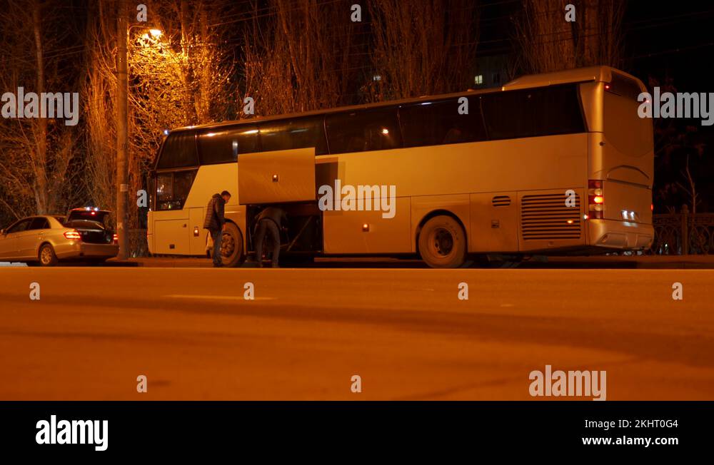 Bus driver checking luggage compartment on intercity bus, unloading ...