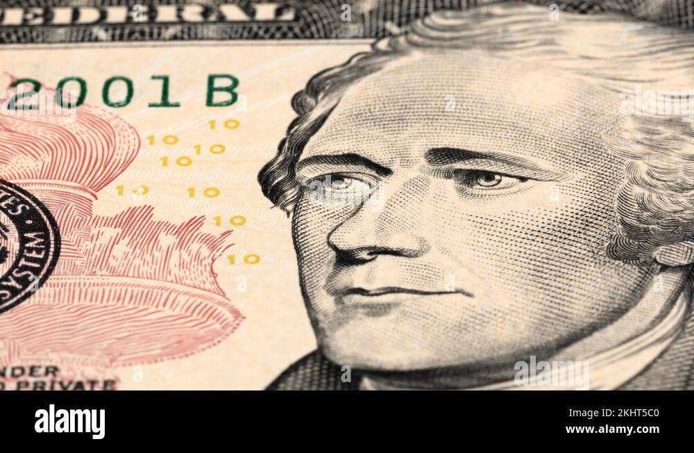 Alexander Hamilton on US 10 dollar bill tracking. Low angle, macro. 4K ...
