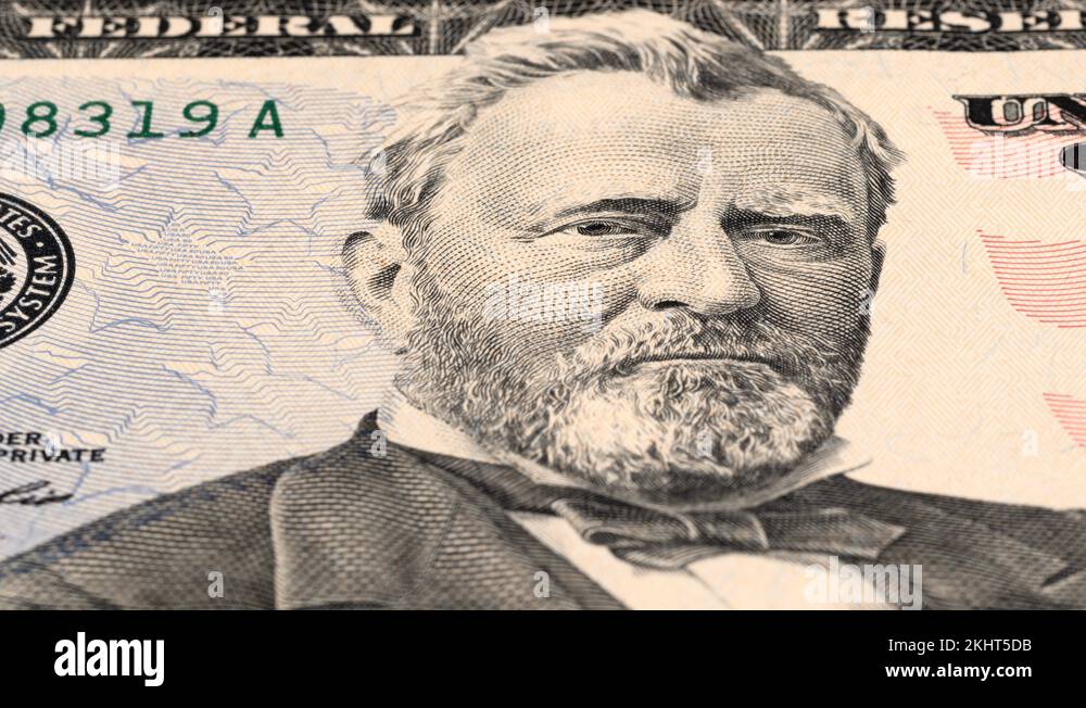 US president Ulysses S. Grant on 50 dollar bill tracking. Low angle ...