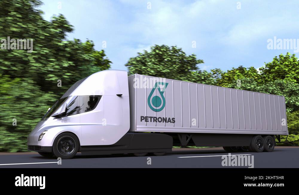 Electric semi-trailer truck with PETRONAS logo on the side. Editorial ...