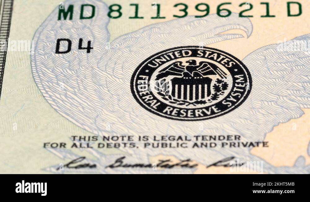 Federal Reserve System Seal on US 20 dollar bill tracking. Low angle ...