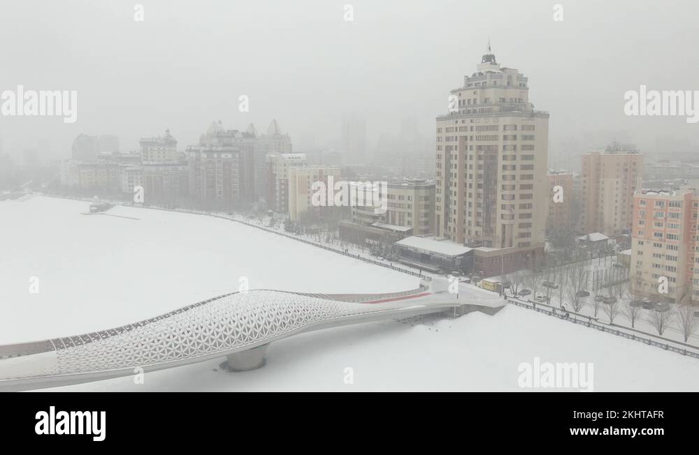 Nur-Sultan: Aerial panoramic view of the Atyrau bridge during winter ...