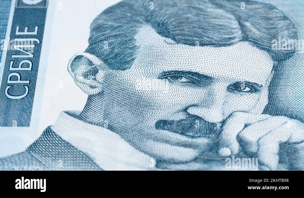 Nikola Tesla portrait on Serbia 100 dinars banknote tracking. 8K Stock ...