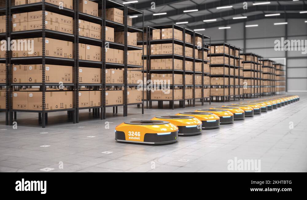 Row of autonomous robots start to move shelves or racks in automated warehouse Stock Video ...