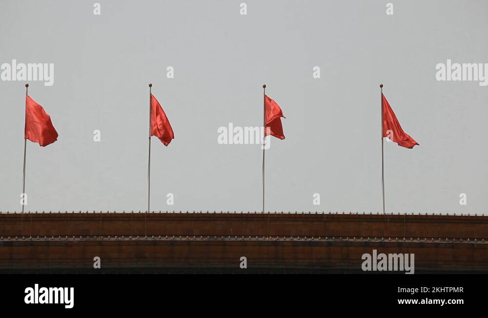 Chinese Red Flags in crowded Tiananmen Square, Beijing, China, Rainy ...